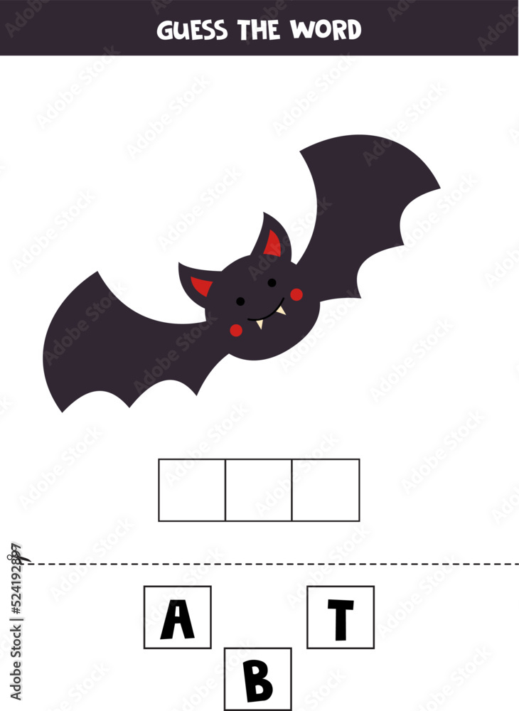 Spelling game for preschool kids. Cartoon bat. Stock Vector | Adobe Stock