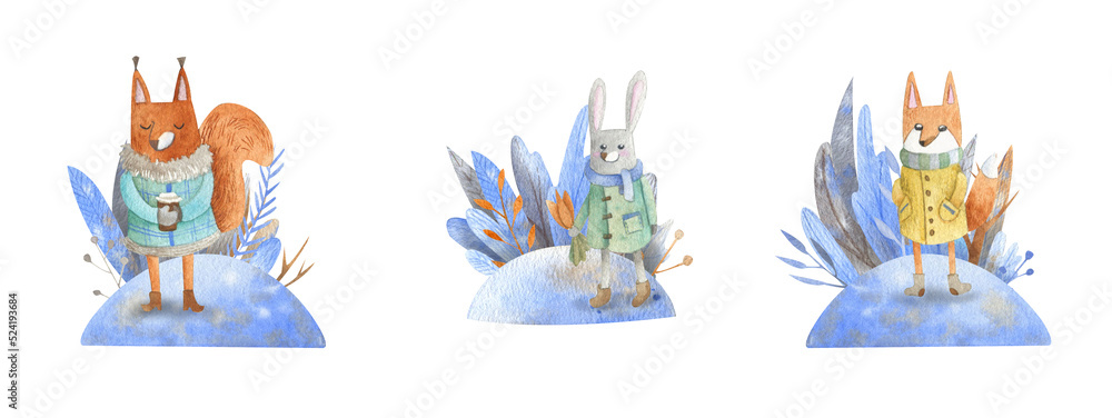 Watercolor winter compositions with animals in a snowy forest. The fox ...