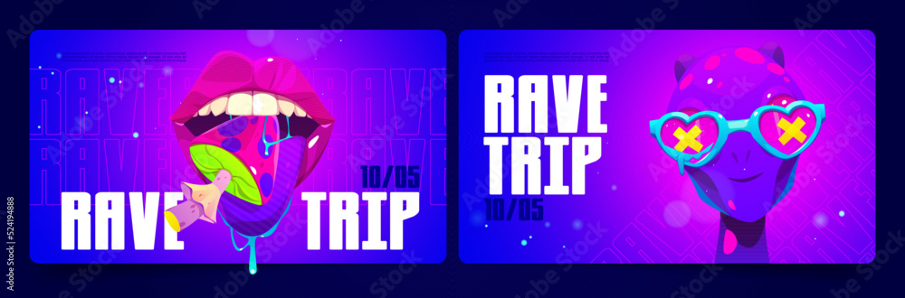 Vetor de Rave trip banners with psychedelic illustrations of alien and ...