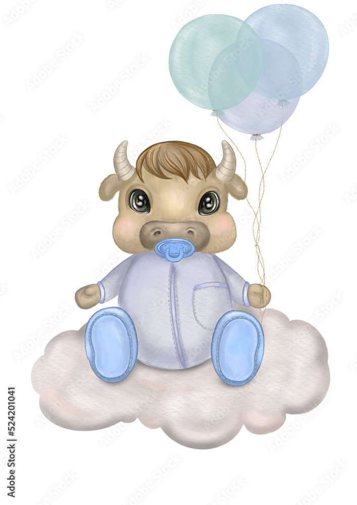 Cute baby bull with balloons. Hand drawn watercolor baby bull on a ...