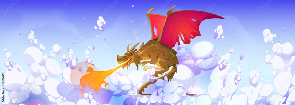Fire breathing dragon flying in sky. Fairy tale scary monster from ...