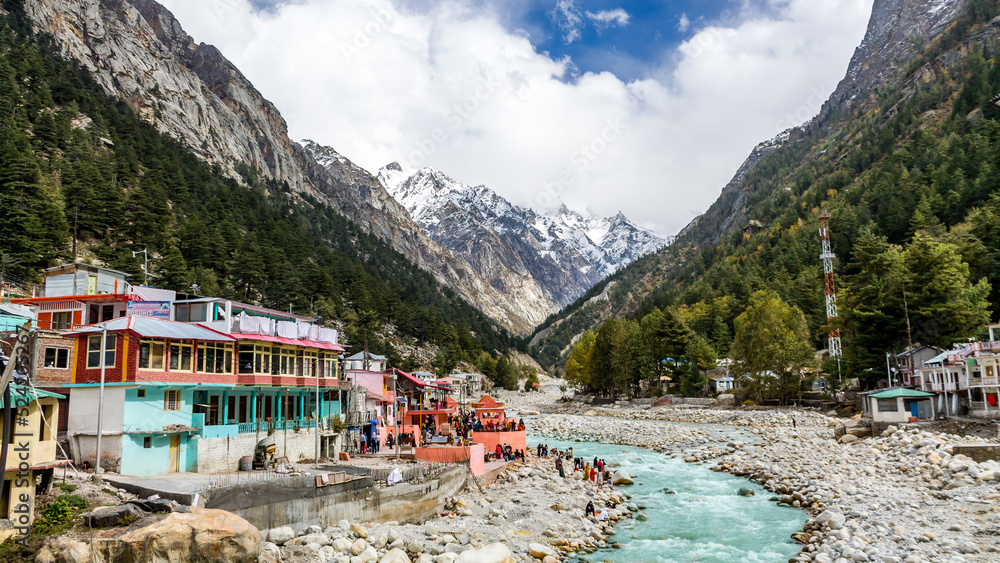 Holy Gangotri Dham or Gangotri town by the side of Bhagirathi river ...