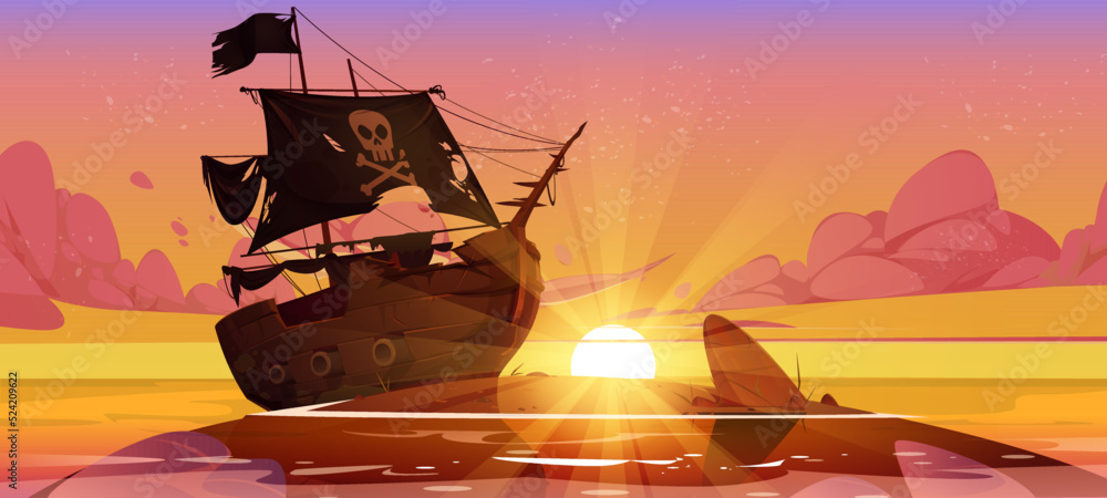 Pirate ship stuck on shallow in sea at sunset time. Filibuster boat ...