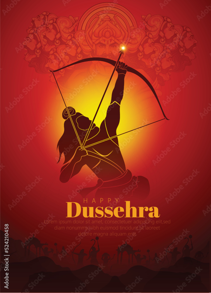 Vetor de Happy Dussehra Font With arrow and bow ,Lord Rama killing ...