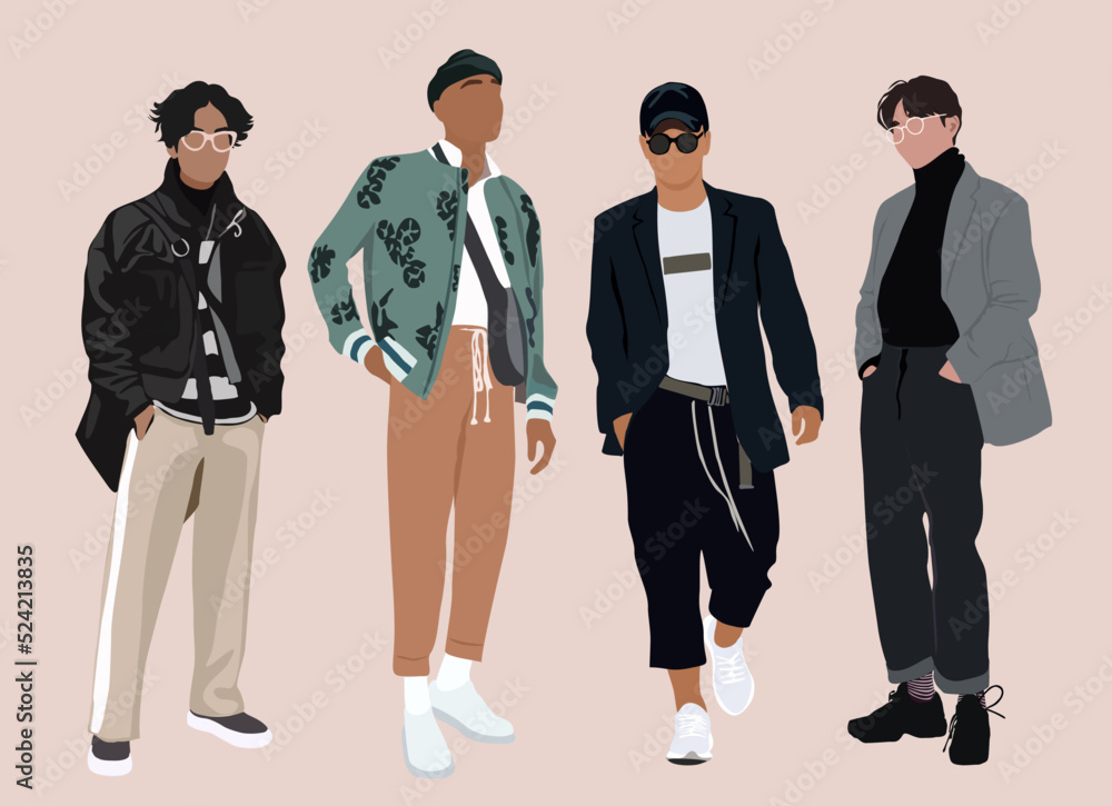 Set of stylish men wearing modern street style fashion outfit standing ...