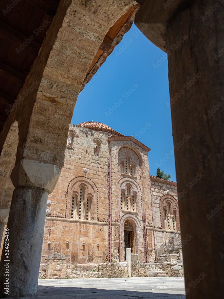 Archway view of the main entrance into the Holy Monastery of Daphni ...