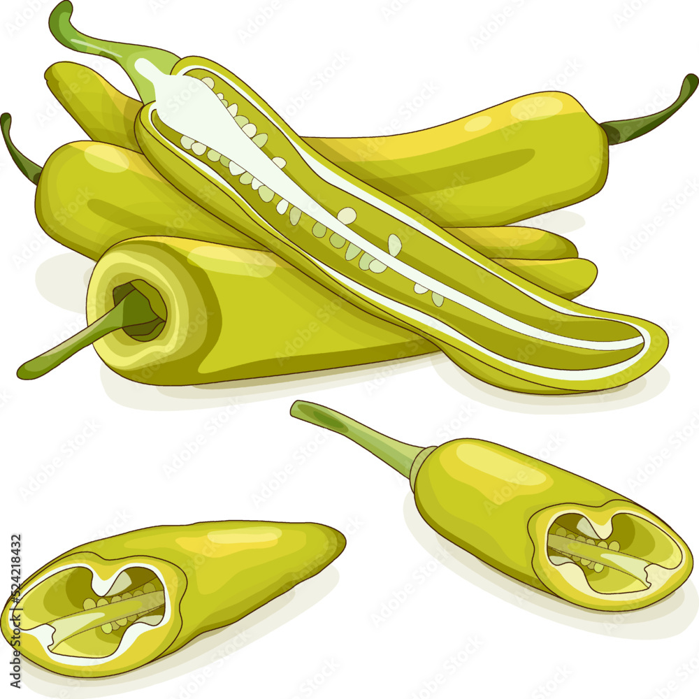 Whole, half, and quarter of Banana Pepper. Yellow wax pepper. Banana ...