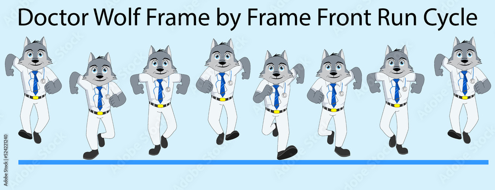 Vetor de Cartoon Wolf frame by frame front run cycle in doctor dress ...