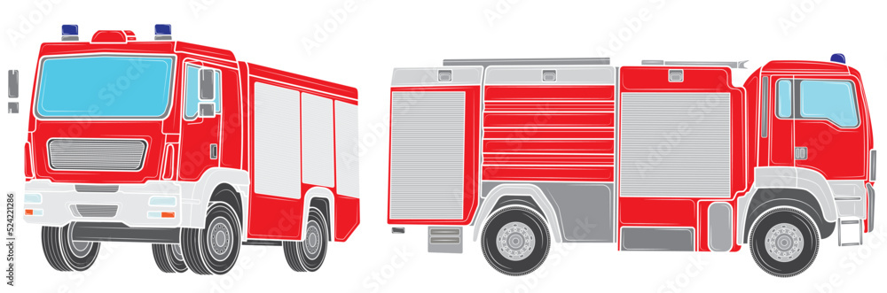 Two fire truck ambulance car. Side view. Vector illustration. Stock ...