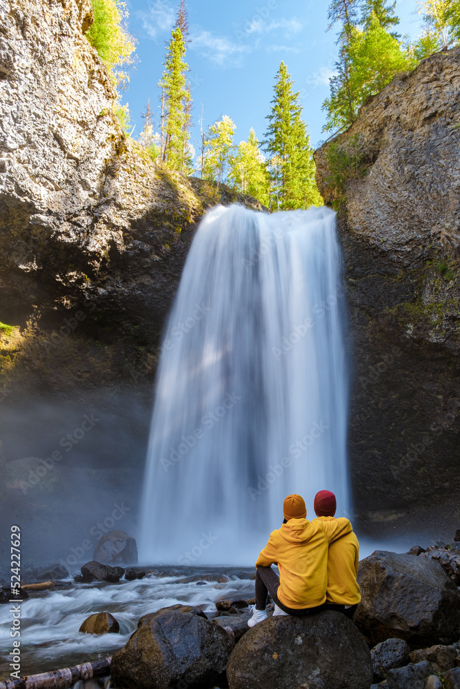Beautiful waterfall in Canada, couple visit Helmcken Falls, the most ...