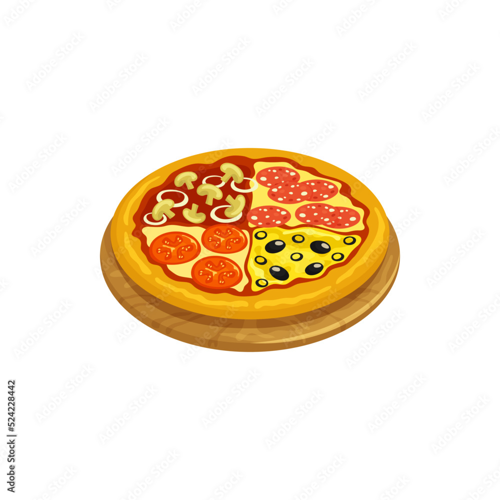 Quattro Stagioni isolated round Italian pizza on wooden board. Vector ...