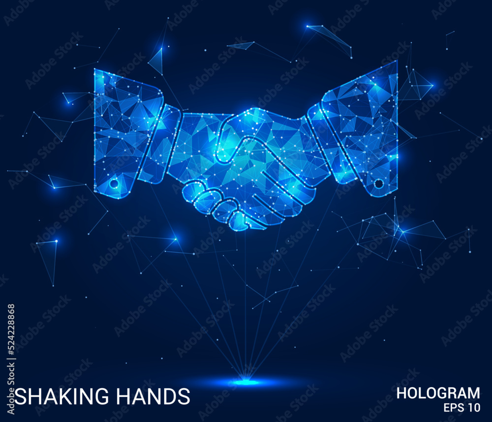 Hologram handshake. Shaking hands made of polygons, triangles of points ...