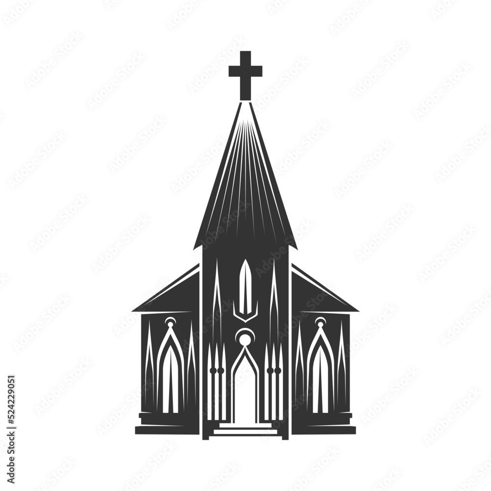 Church with tower isolated religion building facade. Vector holy ...