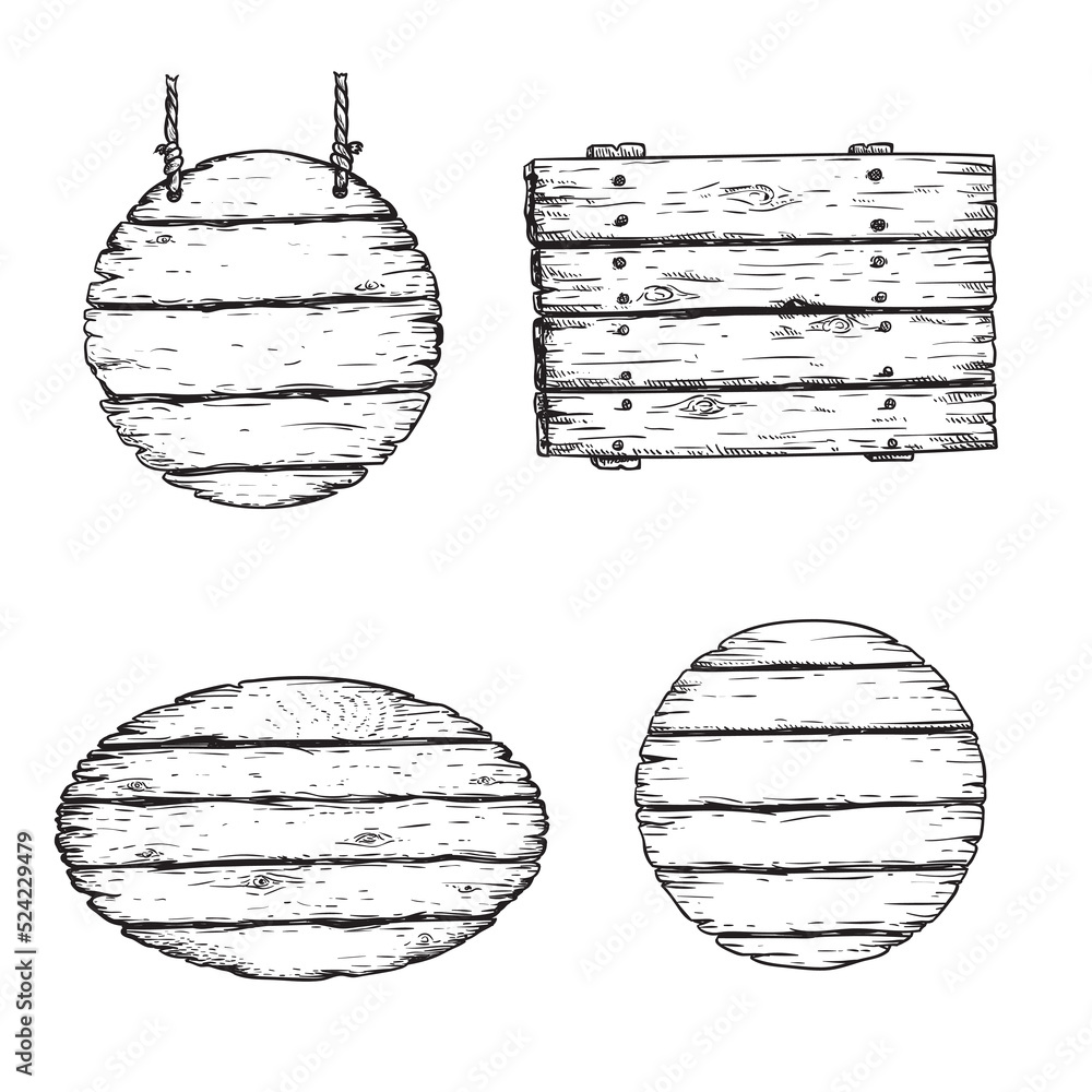 Hand drawn sketch style wooden signboards set. Different shapes and ...