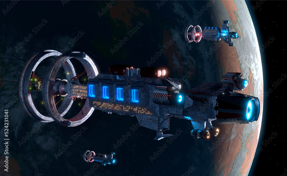 Spaceships Arriving at Alien Planet Stock Illustration | Adobe Stock