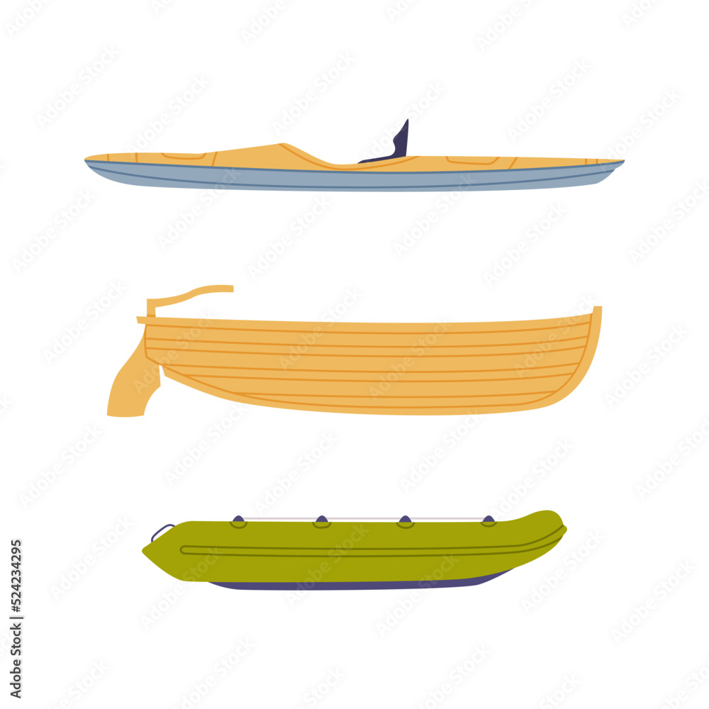 Set of water transport. Side view of catamaran, wooden and inflatable ...
