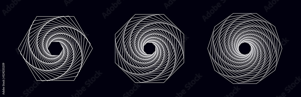 Vector set of twisted geometry figures. Spirals fractal element. Sacred geometry with lines in ...