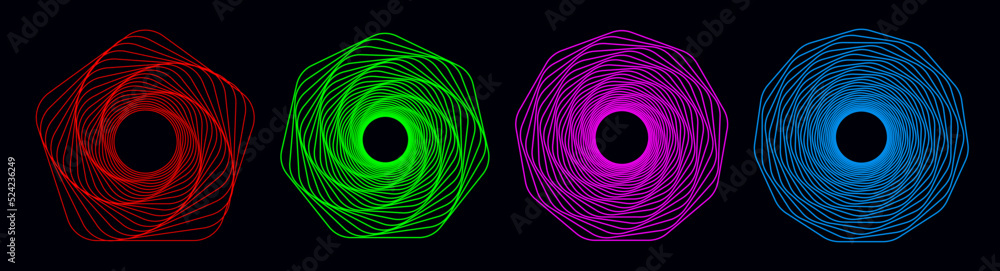 Vector set of twisted colored geometry figures. Spirals fractal element. Sacred geometry with ...