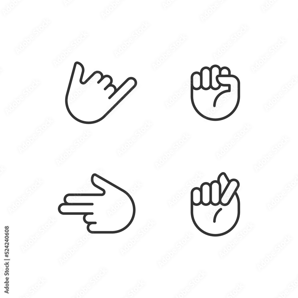Friendly and aggressive gestures pixel perfect linear icons set. Hand ...