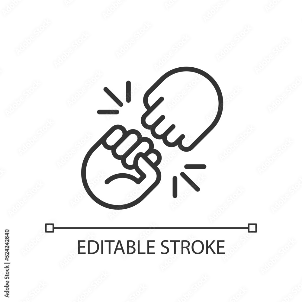 Fist bump pixel perfect linear icon. Funny greeting gesture ...