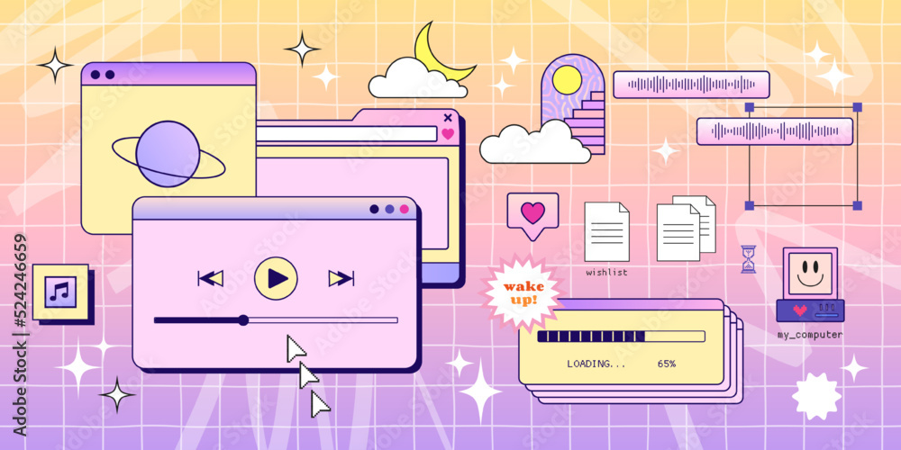 Retro browser computer window in 90s vaporwave style with smile face ... Retro browser computer window in 90s vaporwave style with smile face ...