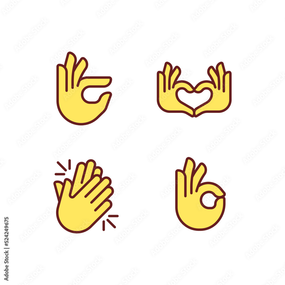 Body language signals pixel perfect RGB color icons set. Hands gestures ...