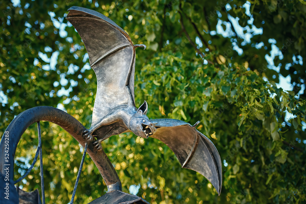 Brest, Belarus. Jun 2022. The bat - metal statue of scary, spooky bat ...