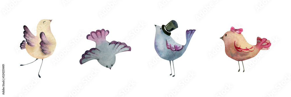 Watercolor hand drawn set of funny birds, flying, singing, curious ...