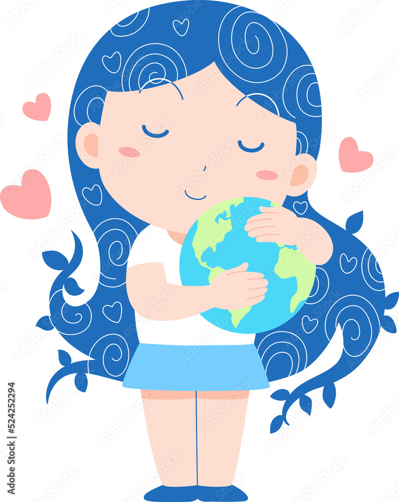 Cartoon illustration of girl hugging the world, earth day, world ...