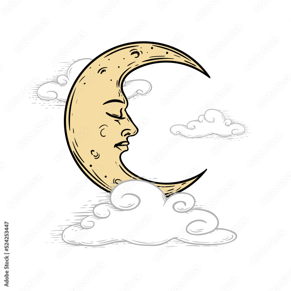 The Crescent Moon with sleeping face among the clouds. Mystical heaven ...