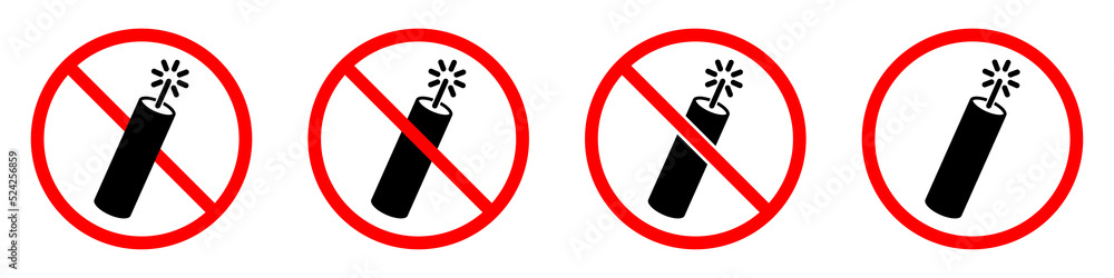 Dynamite prohibition sign. Firecrackers ban signs set. No explosion ...