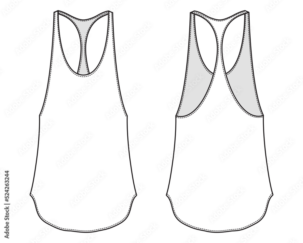 Vetor de tank top flat sketch unisex round neck racer back tank top cad ...