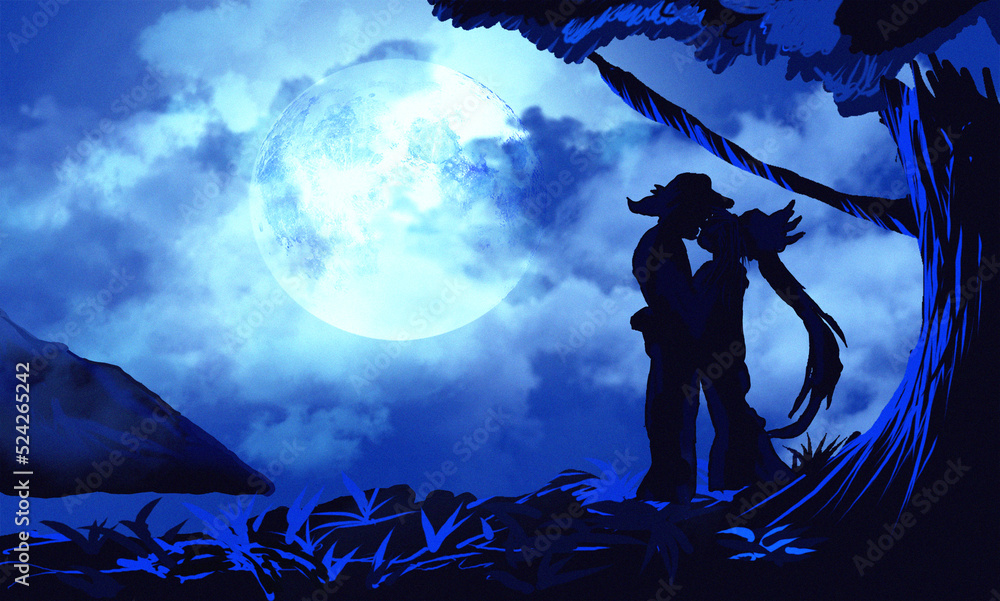 anime couple showing romantic love scene under the blue moon design ...