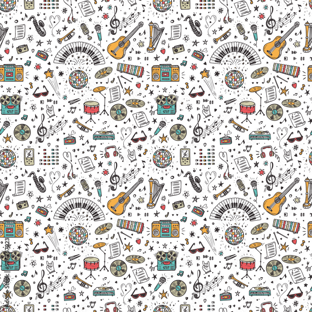 Vector Music background. Seamless pattern with Hand drawn doodle ...