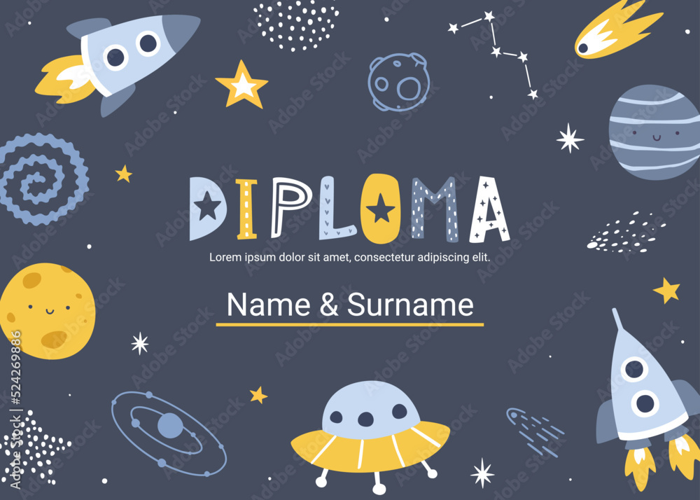 Outer space diploma template. Cosmic vector certificate design for ...