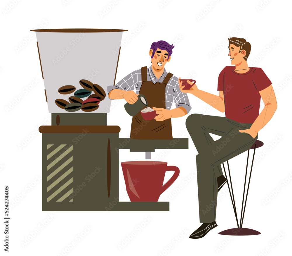 Male barista prepares coffee and his client, flat cartoon vector ...