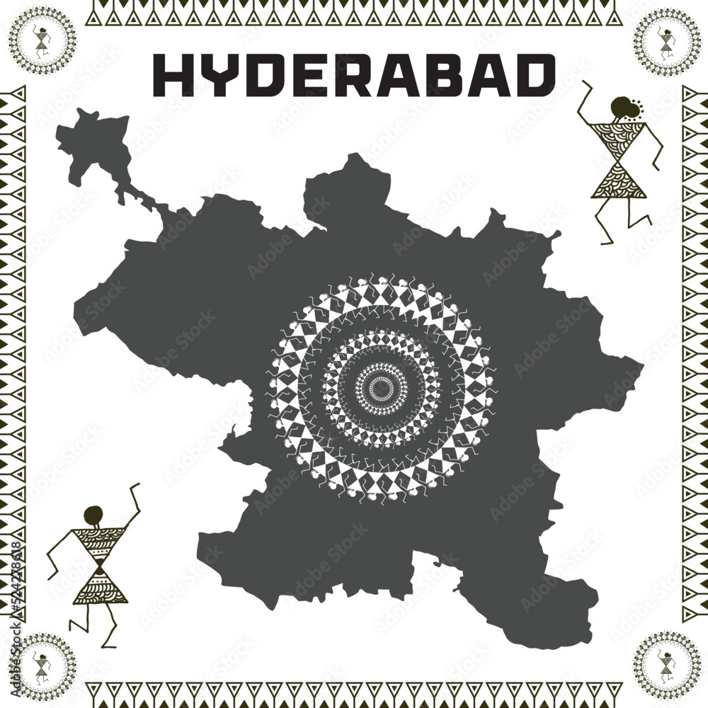 Hyderabad map vector, Beautiful warli art with telugu map vector de ...