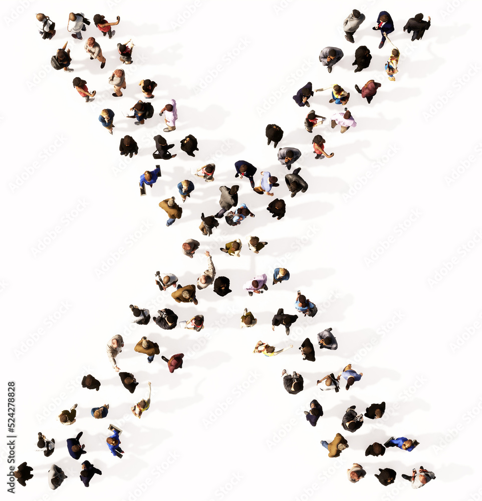 Concept or conceptual large community of people forming the font X. 3d ...