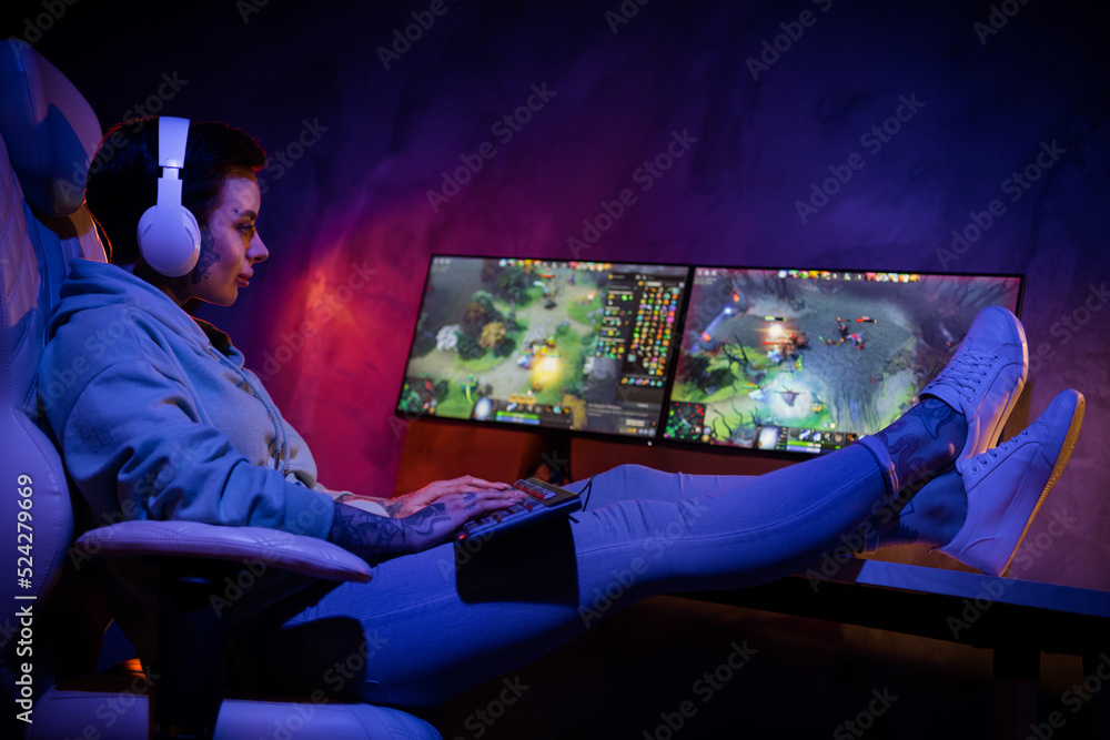 Full body profile photo of pretty gamer girl sitting chair hold ...