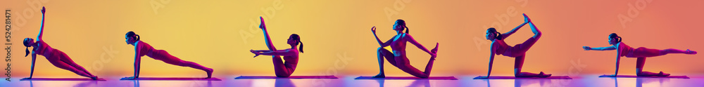 Collage. Young sportive girl doing yoga and stretching exercises ...