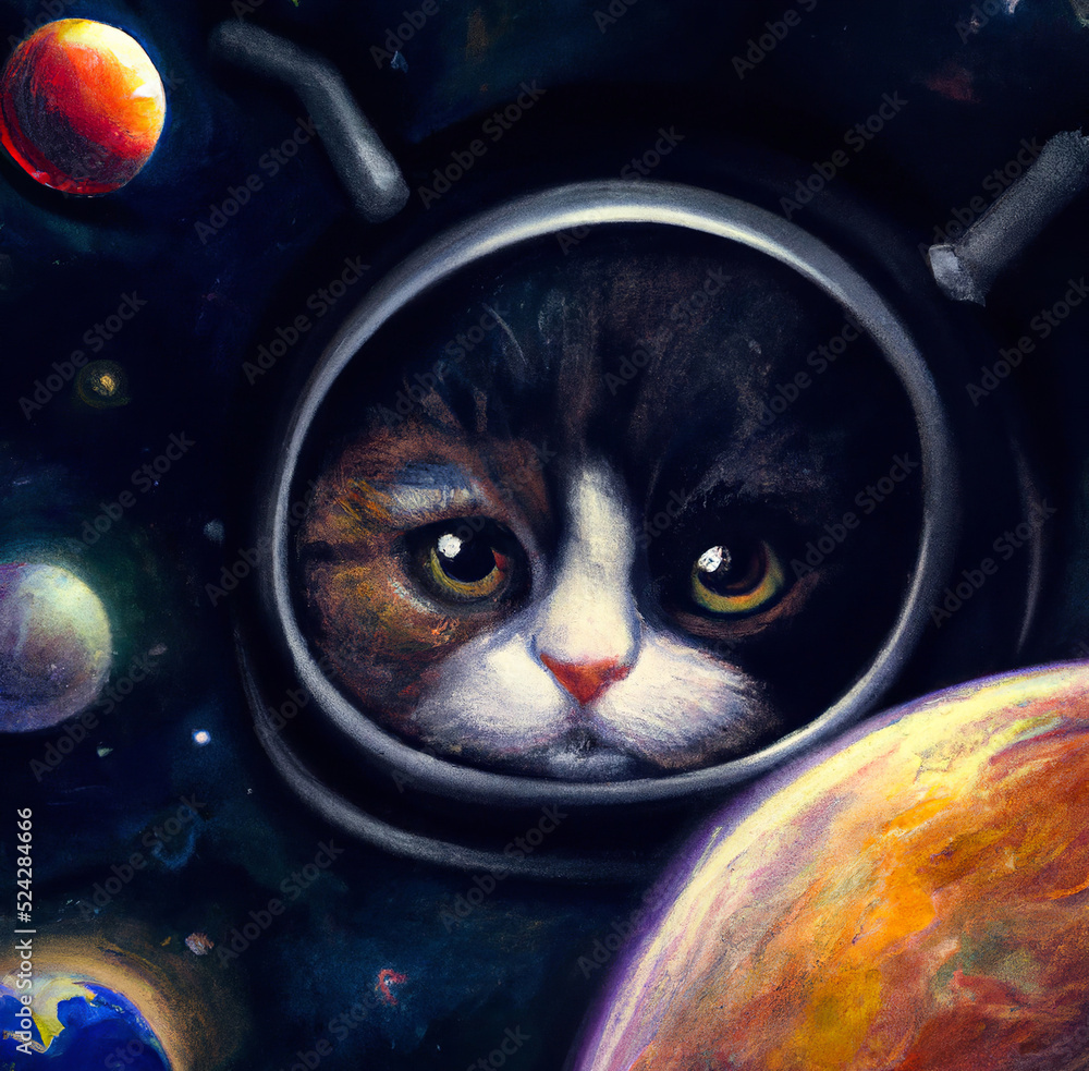 Oil painting cat in spacesuit in space portrait. Planets. Funny art ...
