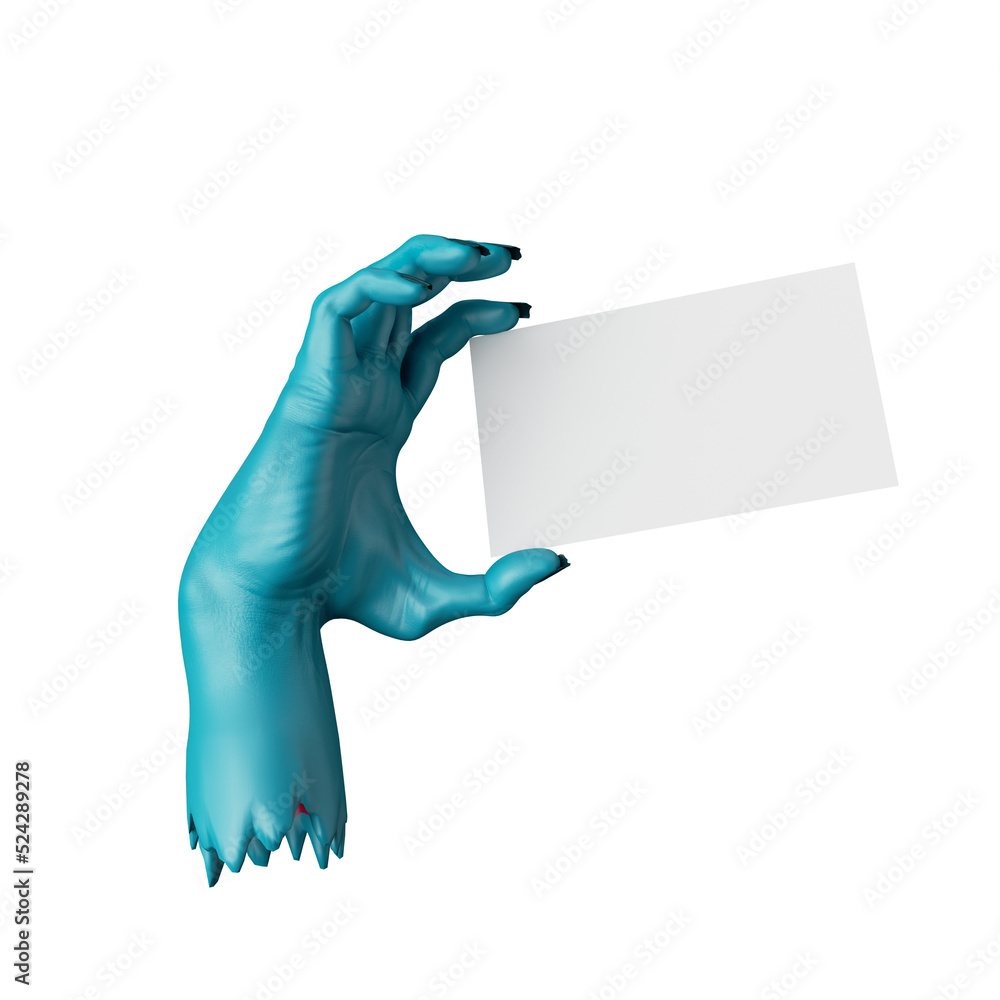 3d render, creepy blue zombie hand holds blank card template. Halloween ...