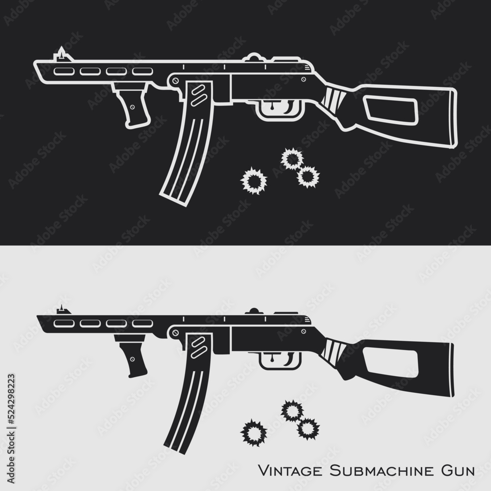 Vintage SMG vector illustration template. Classic handheld lightweight ...