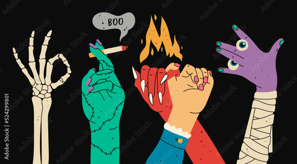 Skeleton hand shows ok sign. Zombie hand with cigarette. Deal with red ...