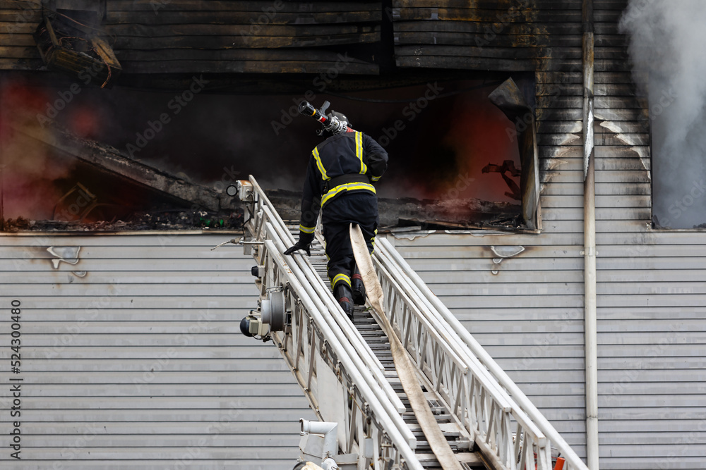 A firefighter with a fire hose runs up a telescopic ladder towards a ...