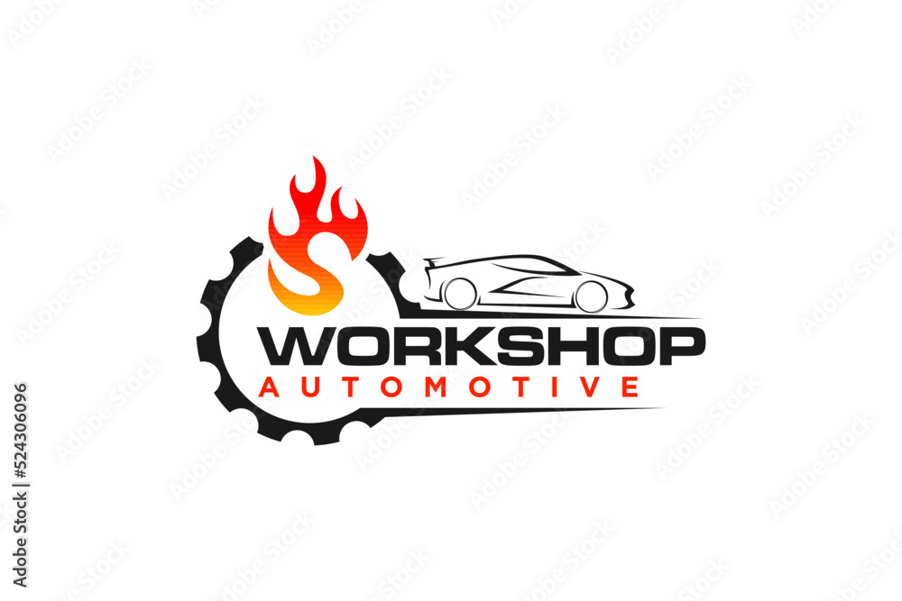 Automotive workshop car garage logo design with fire and gear icon ...