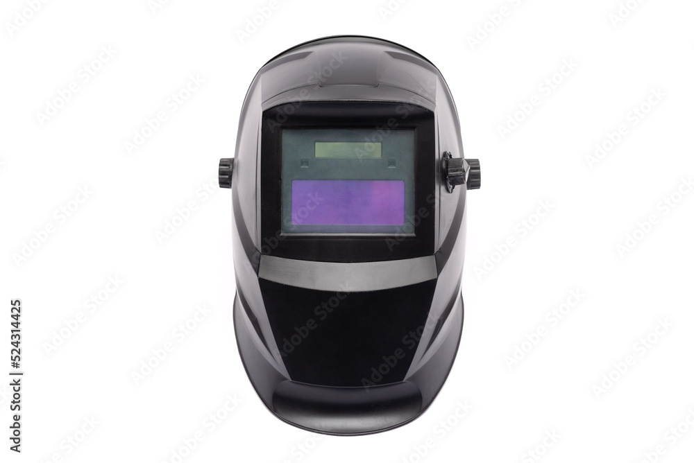 Black modern welding mask isolated ont he white background. Front view ...