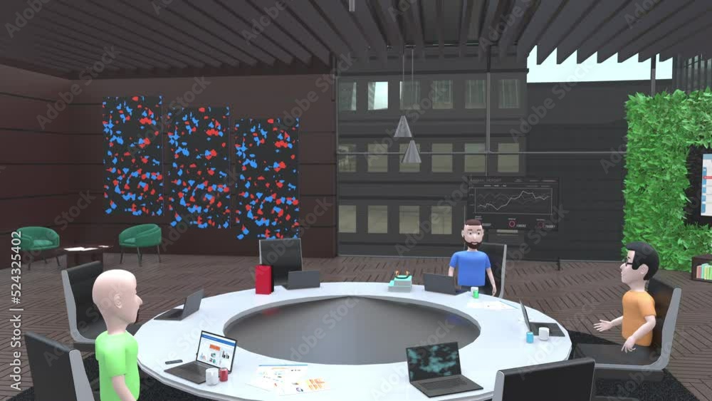 Metaverse conference room with avatars talking to each other about new ...