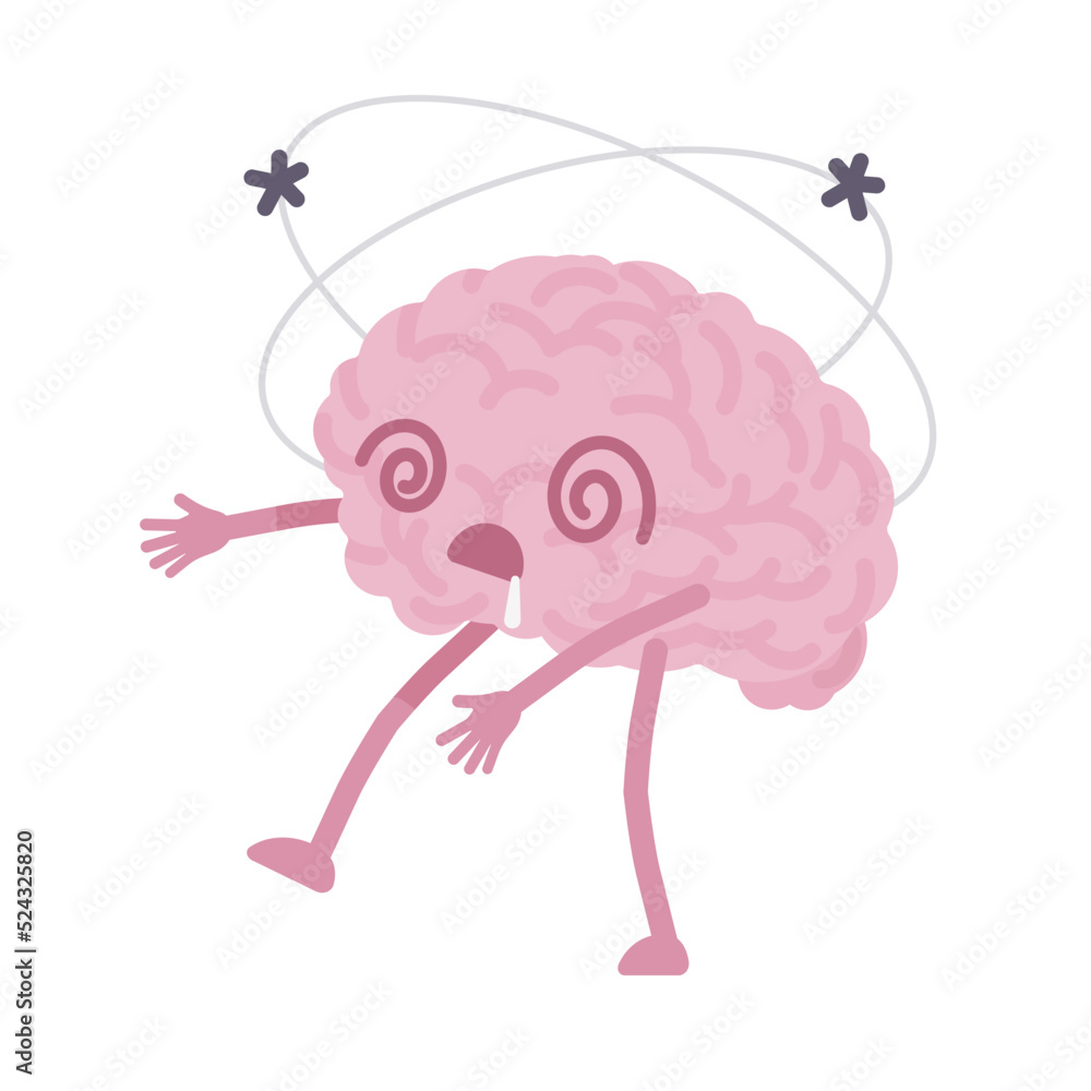 Dizzy human brain cute character losing balance pose. Spinning around ...
