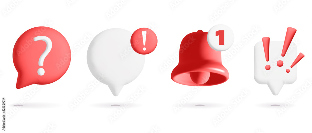 Set of 3d vector push notification with attention, question, reminder ...
